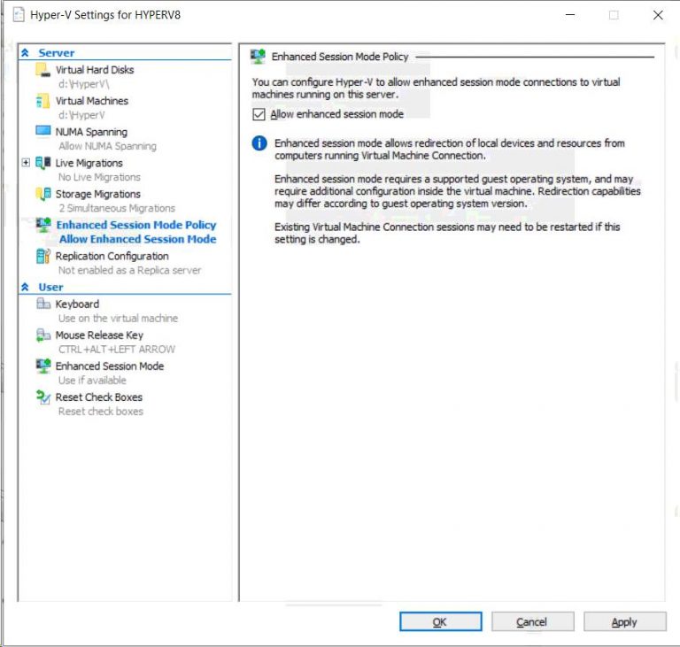 Hyper-V Enhanced session greyed out on Windows Server 2019 Gen 2 ...