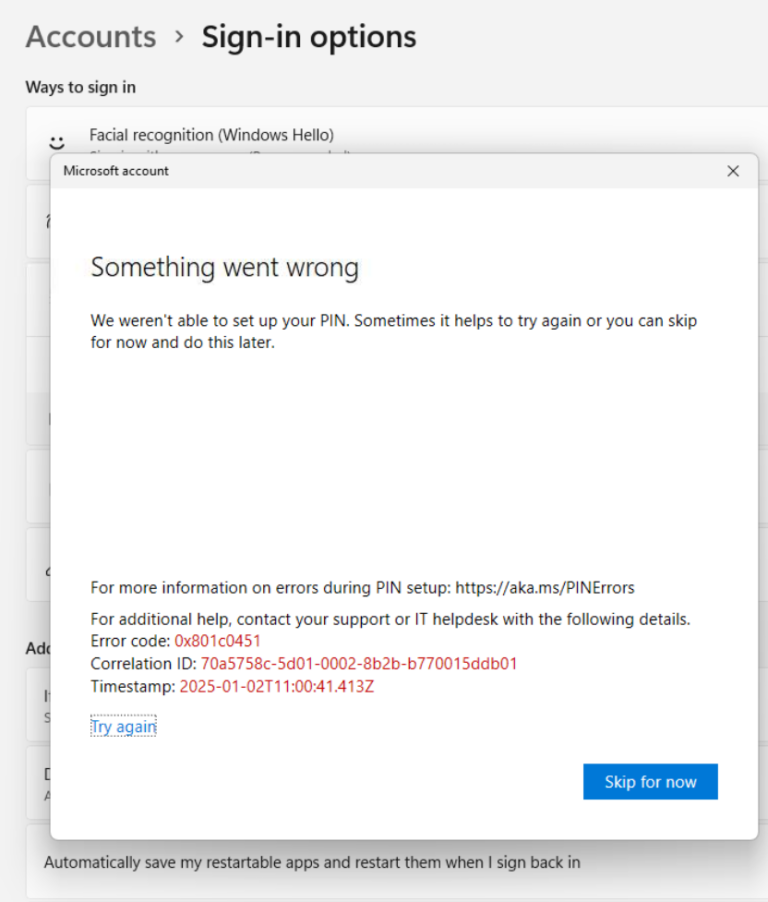 Fixing Windows Hello for Business PIN setup error, something went wrong – error code: 0x801c0451 ...